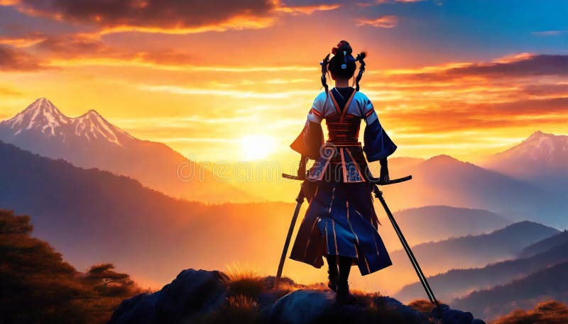 Samurai at sunset stock illustration. Illustration of sunlight - 329024111