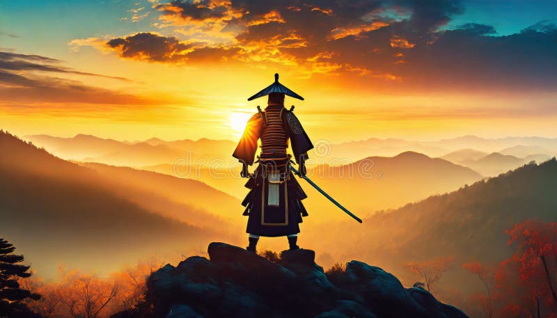 Samurai at sunset stock illustration. Illustration of dusk - 329024091