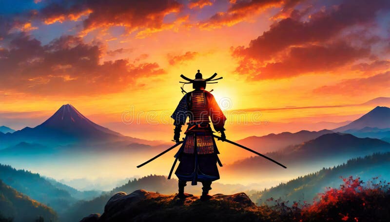 Samurai at sunset stock illustration. Illustration of clothing - 329024116