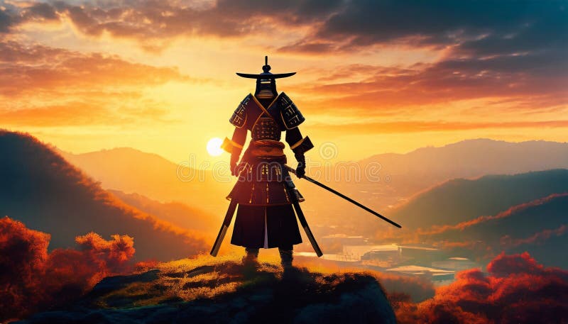 Samurai at sunset stock illustration. Illustration of sunrise - 329024123