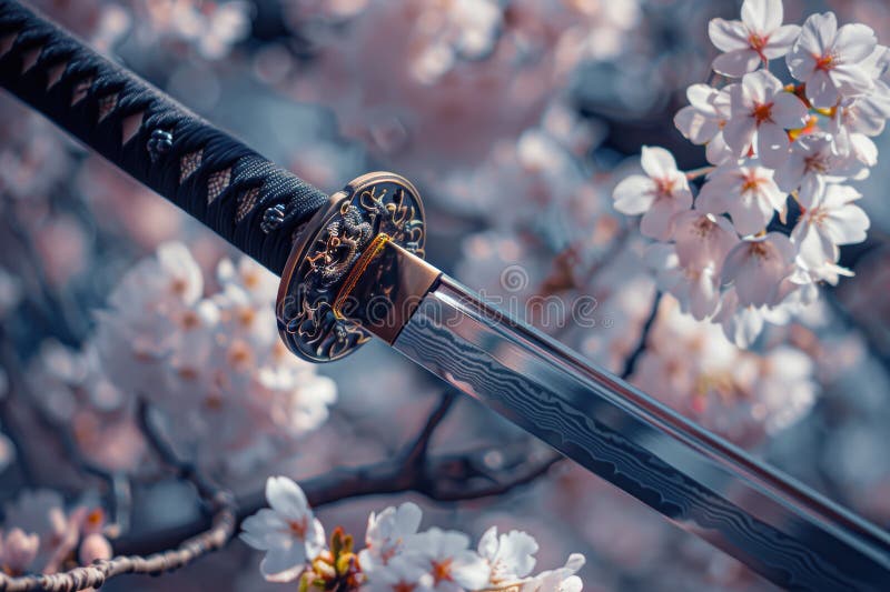 Samurai Sword and Cherry Blossoms Stock Illustration - Illustration of ...