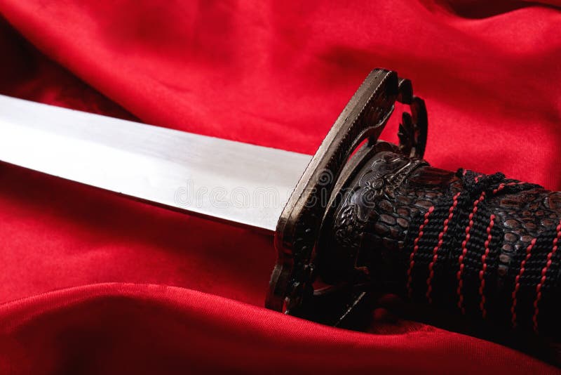 Samurai Sword on the Red Cloth Closeup Stock Photo - Image of antique ...
