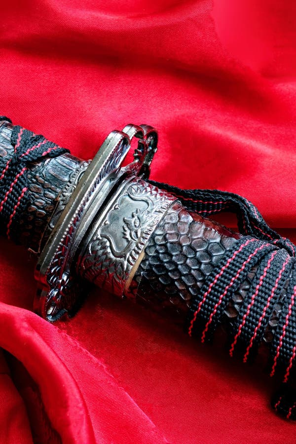 Samurai Sword on the Red Cloth Closeup Stock Image - Image of culture ...