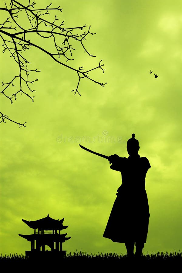 Samurai at Sunset in Landscape Stock Illustration - Illustration of ...