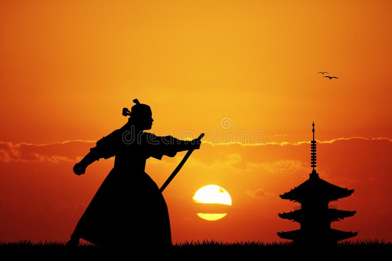 Samurai with Swords at Sunset Stock Illustration - Illustration of ...