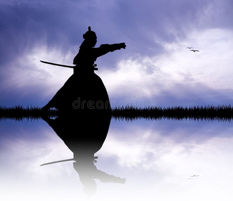 Samurai at Sunset in Landscape Stock Illustration - Illustration of ...