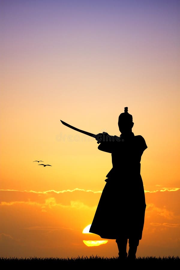 Samurai with Swords at Sunset Stock Illustration - Illustration of ...