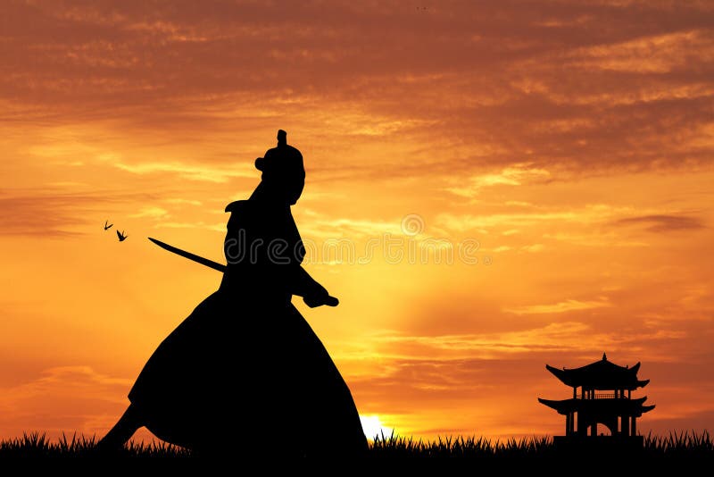 Samurai with Swords at Sunset Stock Illustration - Illustration of ...