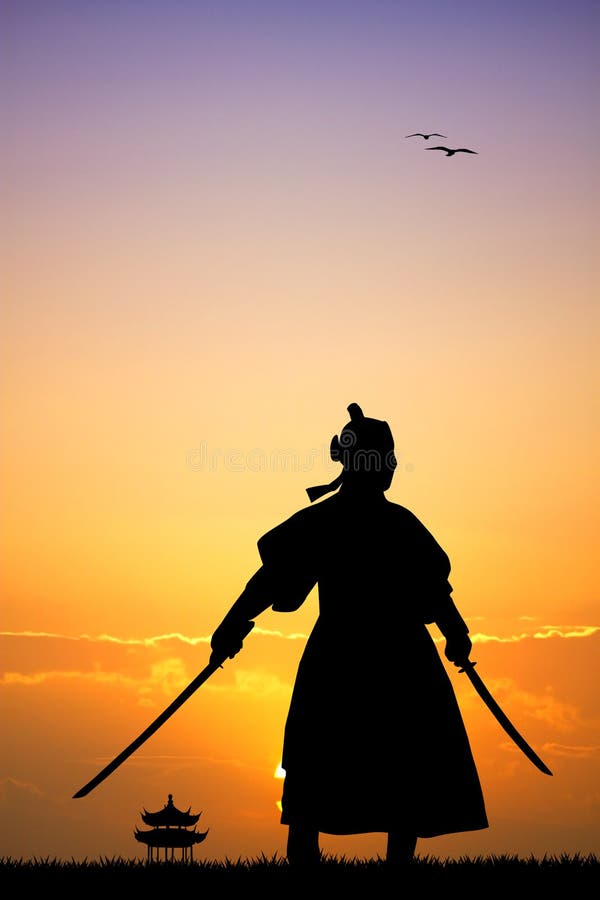 Samurai with Swords at Sunset Stock Illustration - Illustration of ...