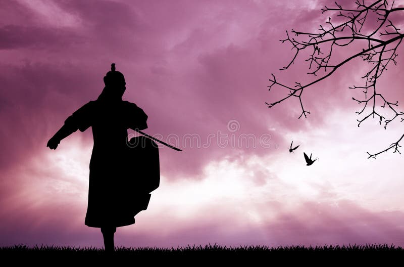 Samurai with Swords at Sunset Stock Illustration - Illustration of ...