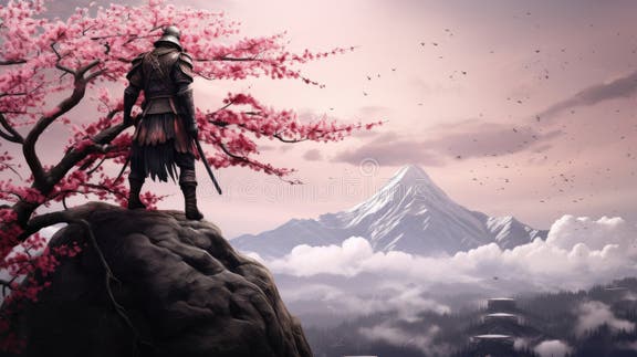 Samurai on Top of Mountain with Sakura Tree Stock Illustration ...