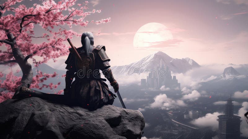 Samurai on Top of Mountain with Sakura Tree Stock Illustration ...