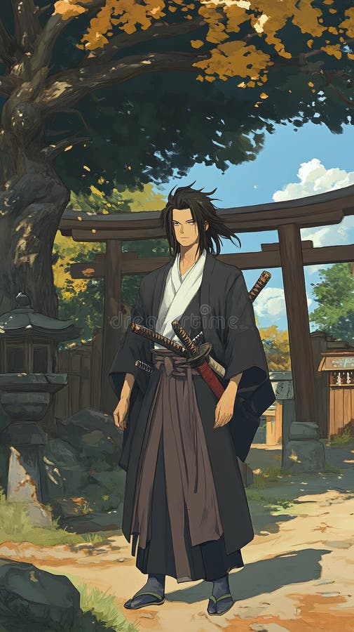 A Samurai in a Traditional Anime-style Setting Standing in Front of a ...