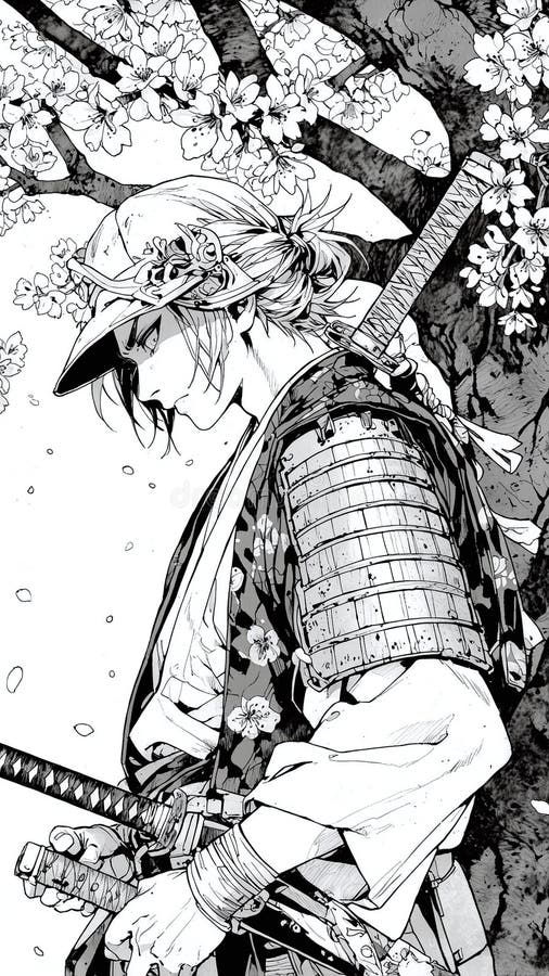 Samurai with Traditional Armor Beneath a Cherry Blossom Tree, Petals ...