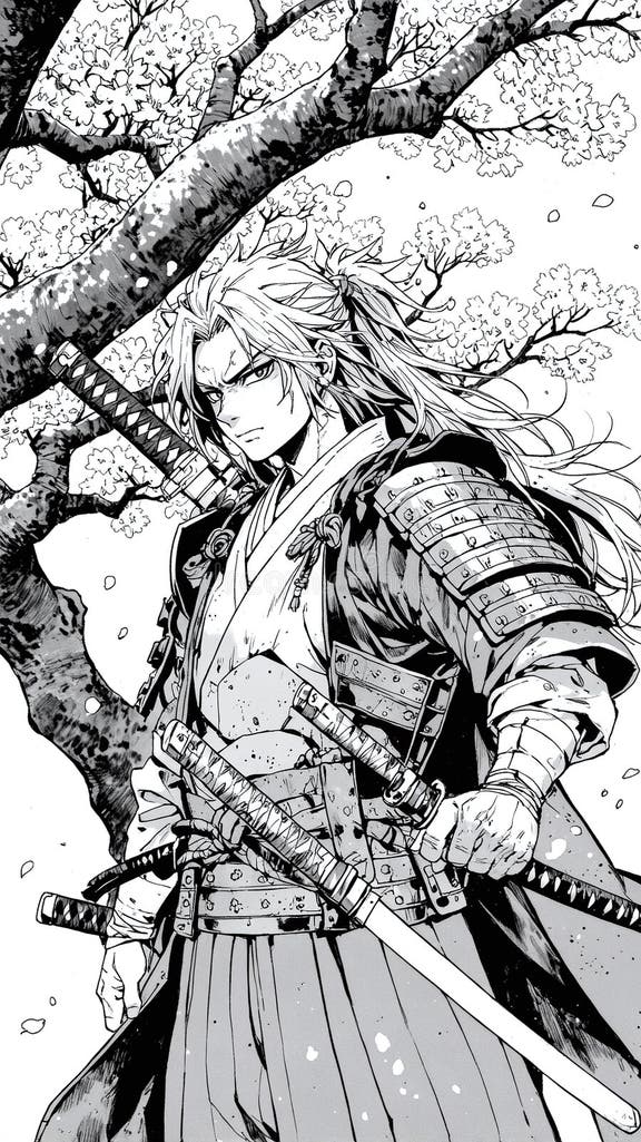 Samurai with Traditional Armor Beneath a Cherry Blossom Tree, Petals ...