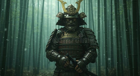 A Samurai in Traditional Armor Stands in a Bamboo Forest Generated ...