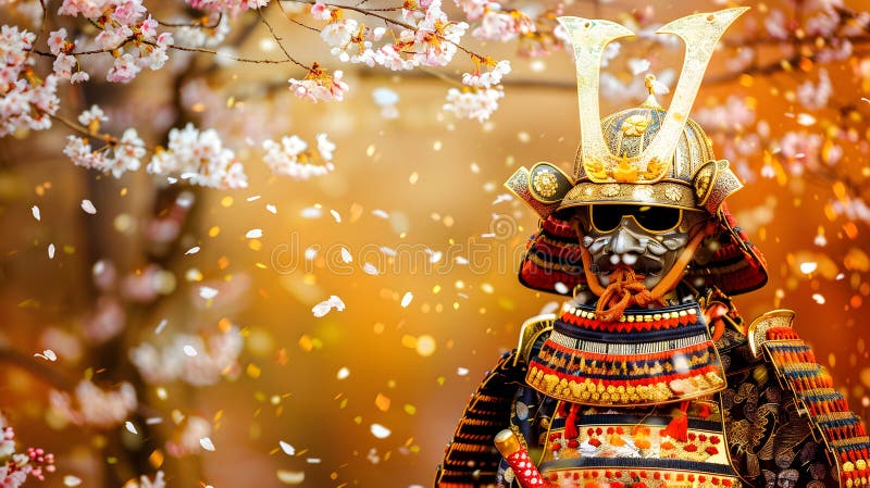A Samurai in Traditional Armor Stands Under Cherry Blossoms, Exuding ...