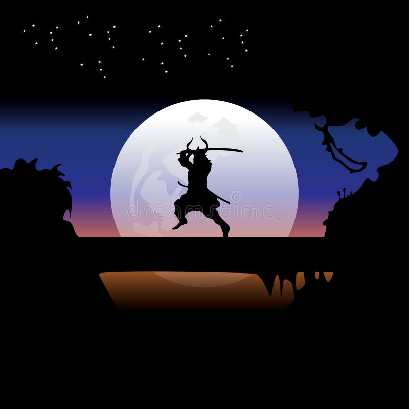 Samurai Training at Night on a Full Moon Stock Vector - Illustration of ...