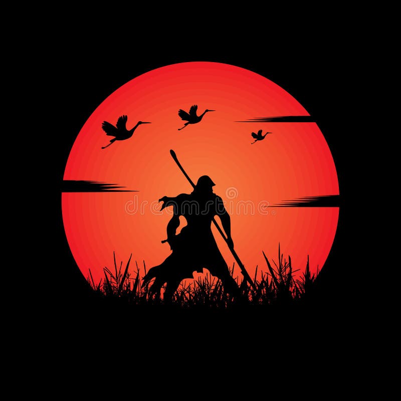 Samurai Training at Night on a Full Moon Stock Vector - Illustration of ...