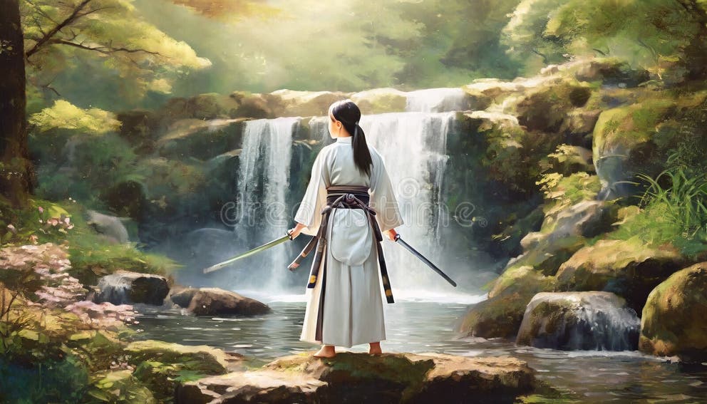 Samurai Training by a Waterfall Stock Illustration - Illustration of ...