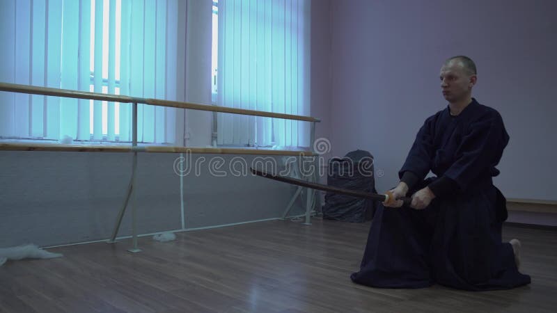 Samurai Trains with the Sword in the Sports Hall, Refines the Kendo ...