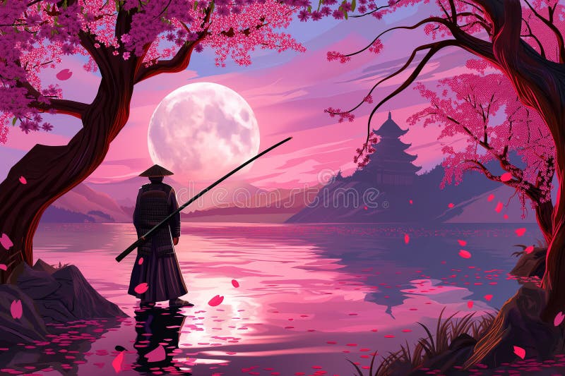 Samurai by Tranquil Lake Under Full Moon with Cherry Blossoms Stock ...