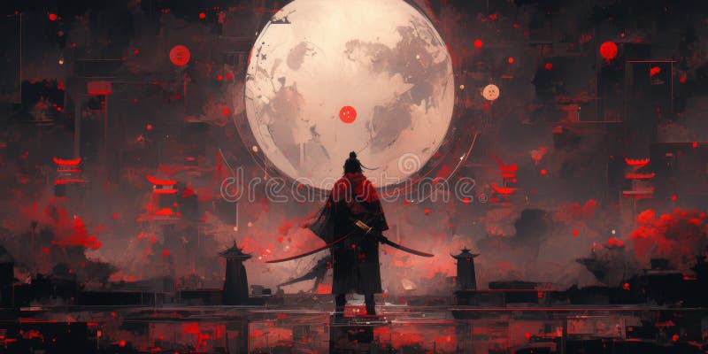 Samurai Under a Giant Moon. Created by Generative Artificial ...