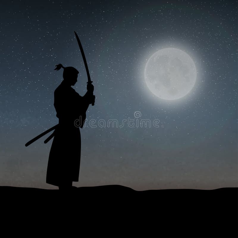 A Samurai Under the Moonlight Stock Vector - Illustration of grey, male ...