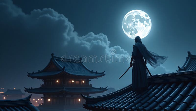 Samurai Under the Moonlight Stock Illustration - Illustration of ...