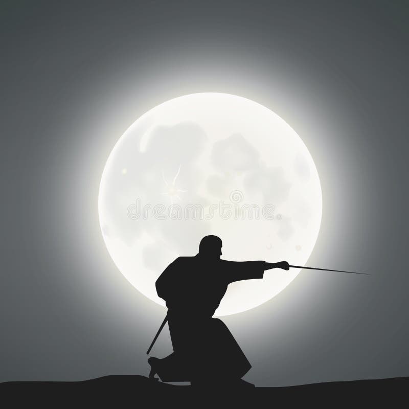 A Samurai Under the Moonlight Stock Vector - Illustration of grey, male ...