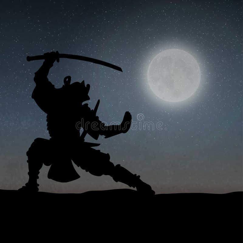 A Samurai Under the Moonlight Stock Vector - Illustration of grey, male ...