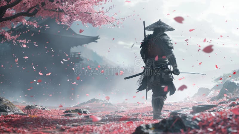 Samurai Walking through Cherry Blossom Petals in a Mystical Garden ...