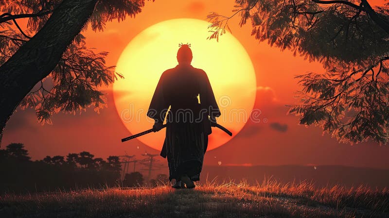 Samurai Silhouette at Sunset Stock Illustration - Illustration of ...