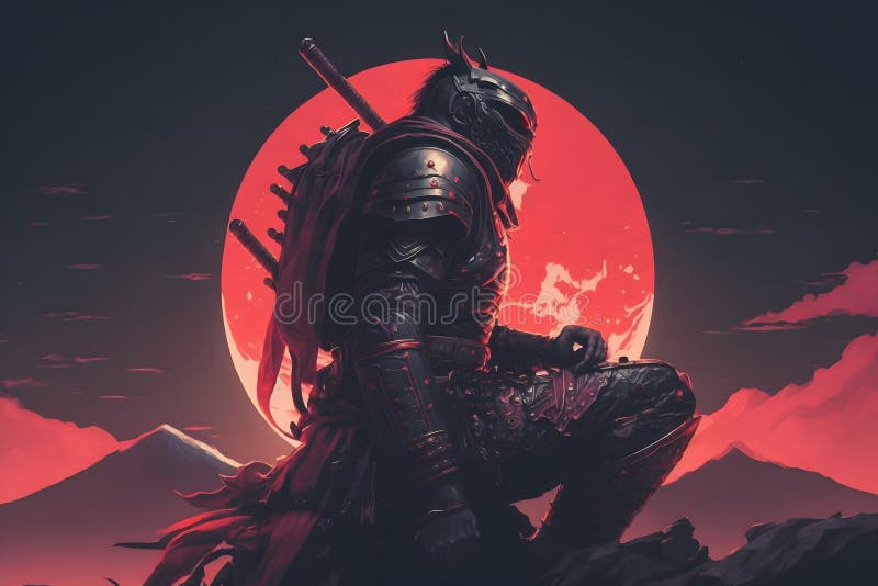 Samurai Warrior on the Background of the Moon. Cartoon Fantasy Stock ...