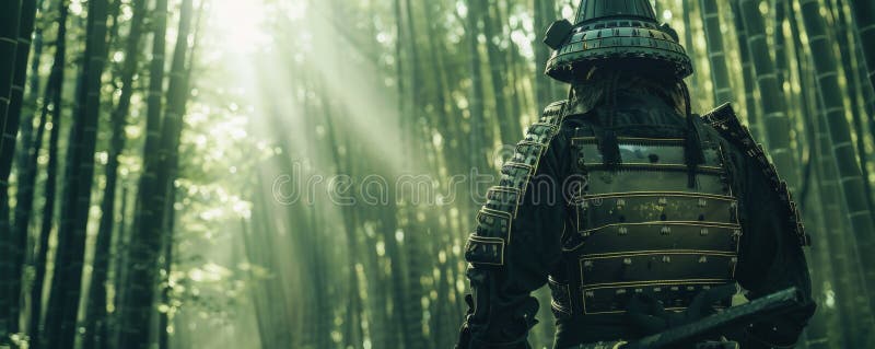 Samurai Warrior in Bamboo Forest with Sunlight through Trees ...