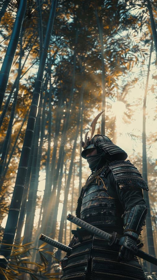 Samurai Warrior in Bamboo Forest with Sunrays Filtering through ...