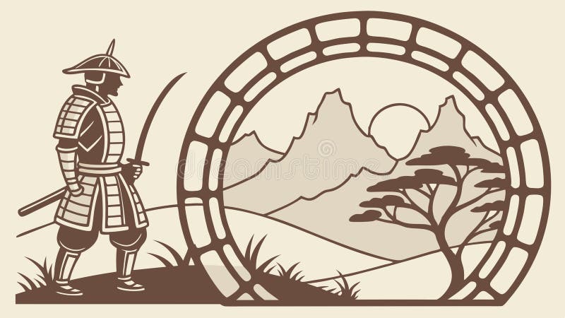 Samurai Warrior in Circular Gate Landscape, Vector Design Generative AI ...