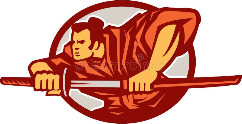 Samurai Warrior Drawing Sword Side Stock Vector - Illustration of retro ...