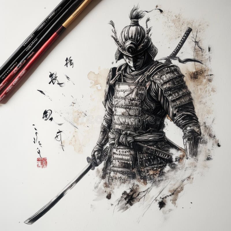 Samurai Warrior Drawing with Sword and Traditional Armor on White Paper ...