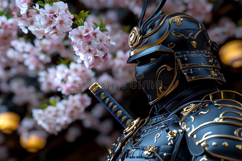 A Samurai Warrior in Full Armor Standing before a Cherry Blossom Tree ...