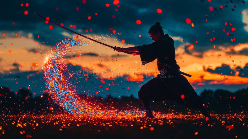 Silhouette of Samurai Warrior with Glowing Katana in Dramatic Sunset ...