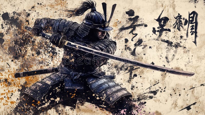 Samurai Warrior Poised for Battle, Wielding Katana, Dynamic Pose ...