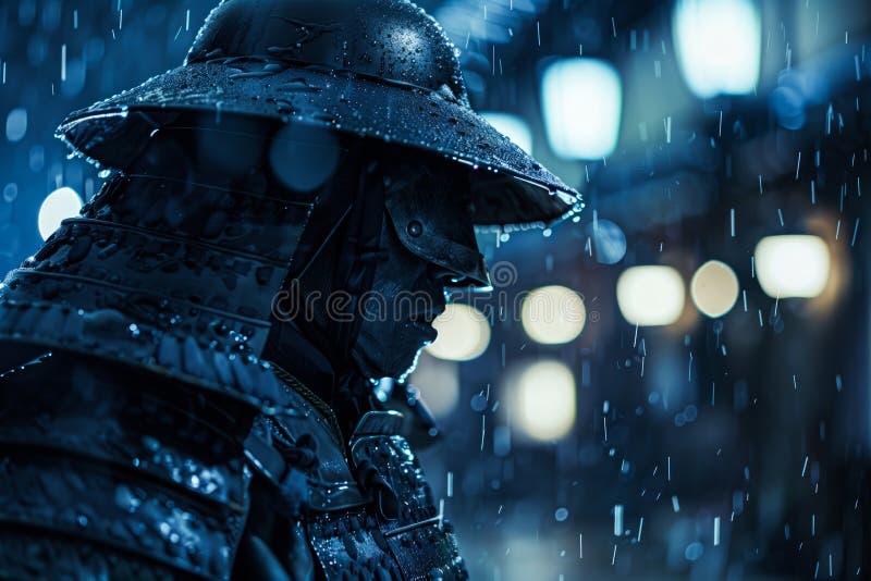 Samurai Warrior in Rain at Night Stock Illustration - Illustration of ...