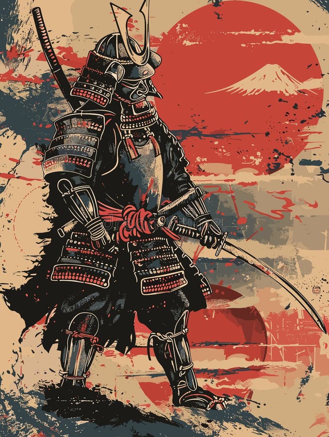 A Samurai Warrior is Standing in Front of a Red Sun, Holding a Sword ...