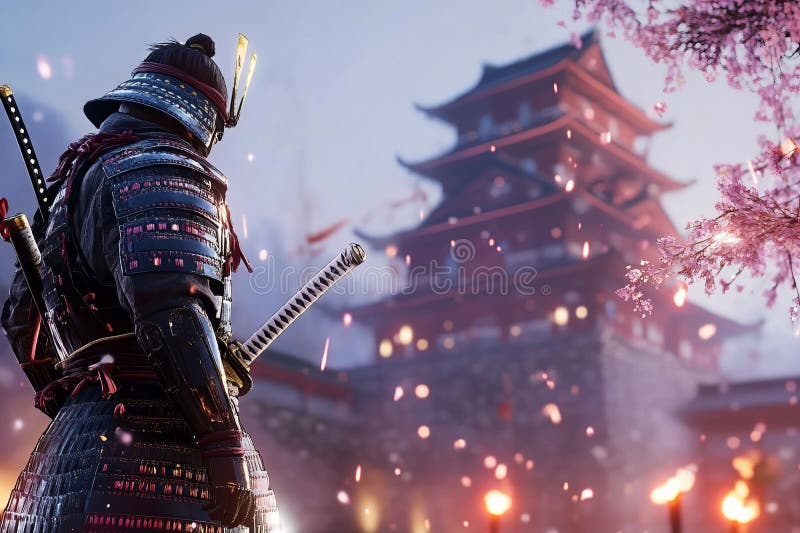 Samurai Warrior Standing Guard at the Gates of a Japanese Castle Stock ...