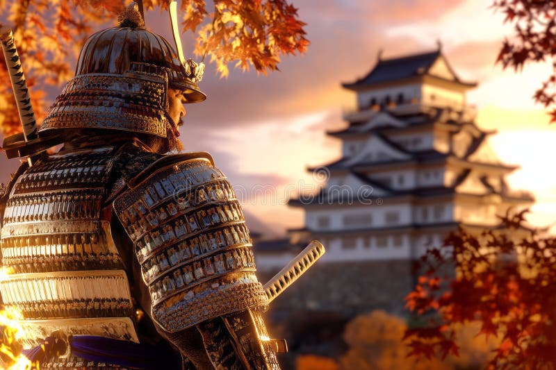 Samurai Warrior Standing Guard at the Gates of a Japanese Castle Stock ...