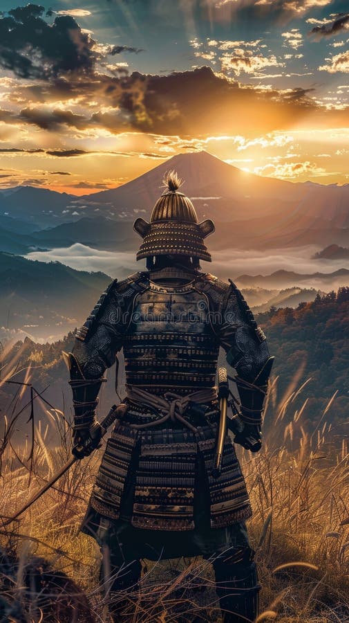 Samurai Warrior Standing on Hill at Sunset with Mountains Stock Photo ...