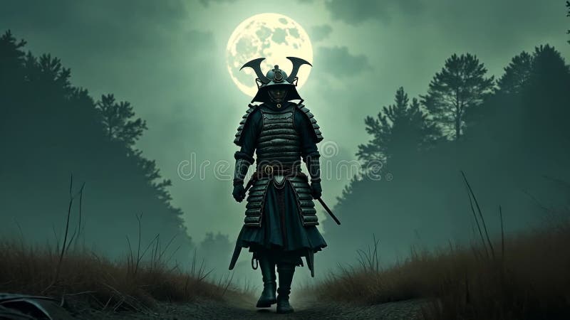 Samurai Warrior Standing Under the Full Moon in a Misty Landscape with ...