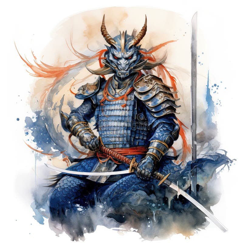 Samurai Warrior with Sword and Shield. Digital Watercolor Painting ...