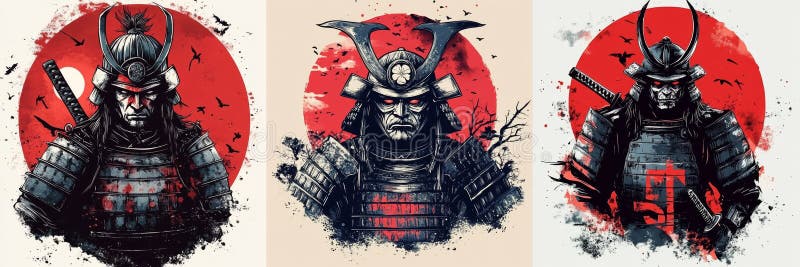 Samurai Warriors in Traditional Armor with Striking Red Sun Background ...